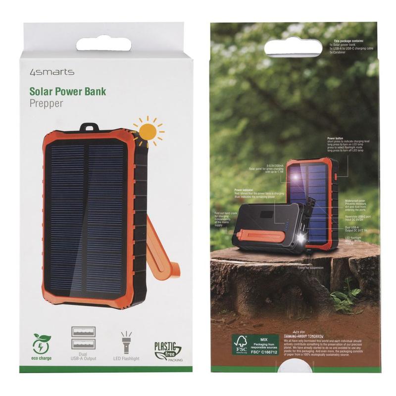 4smarts Prepper Solar Power Bank 12000mAh - 2xUSB-A - Sort / Orange