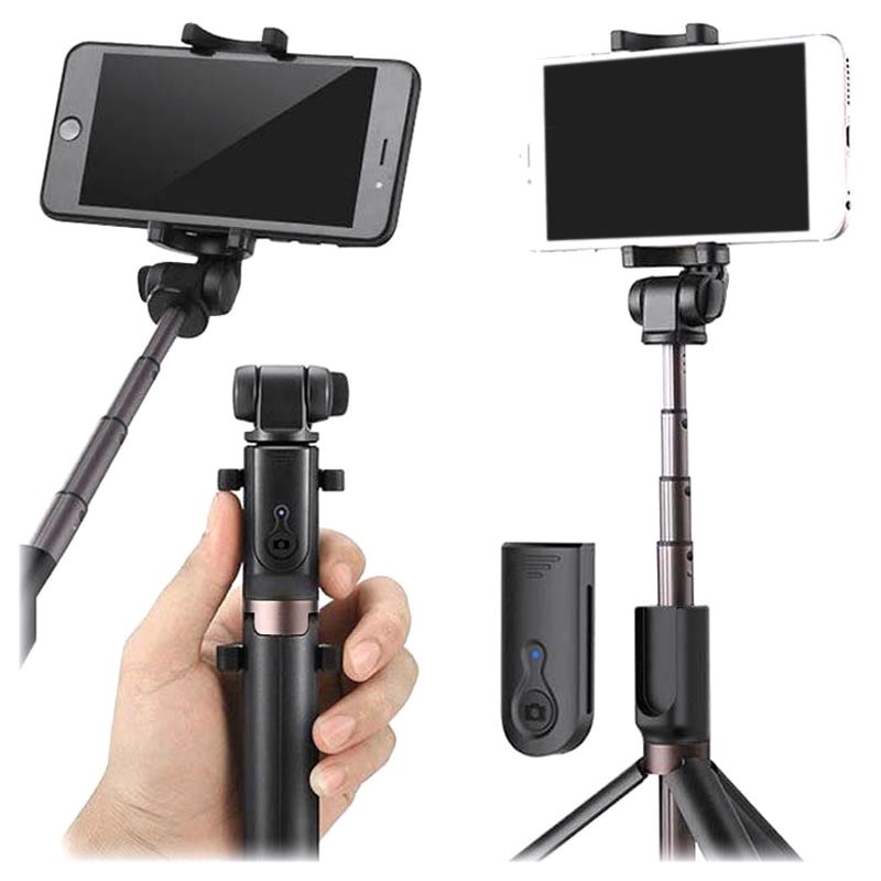 Universal 3-i-1 Bluetooth Selfie Stang & Mobil Tripod - Sort